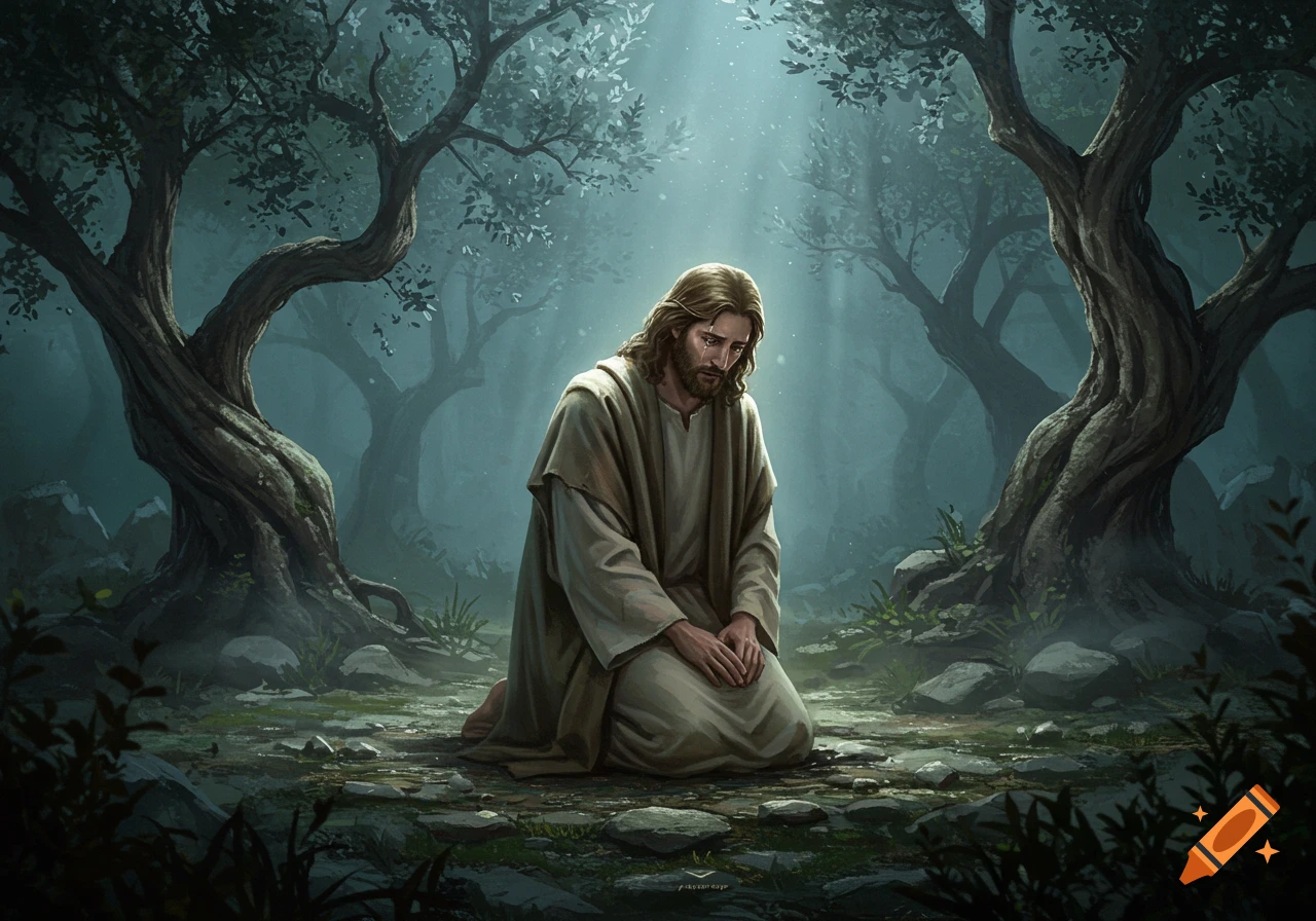 Jesus Christ with a halo standing on a path in a radiant forest with ...