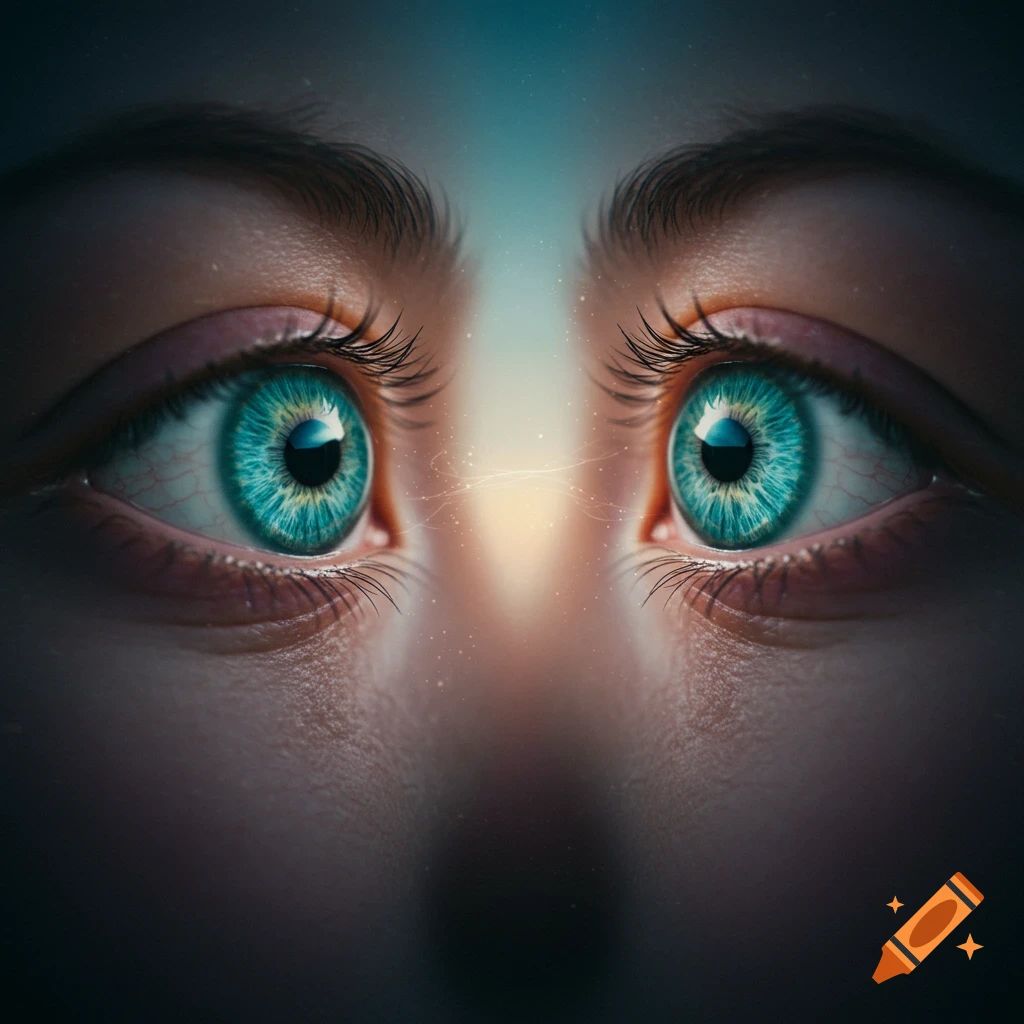 Close-up of a human eye socket with three twisted irises: blue at top ...