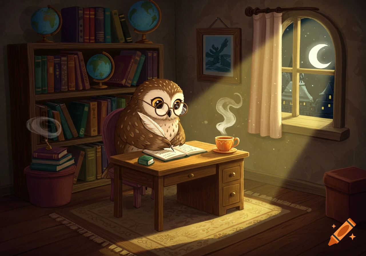 A studious owl with glasses writes with a quill at a desk in a cozy ...