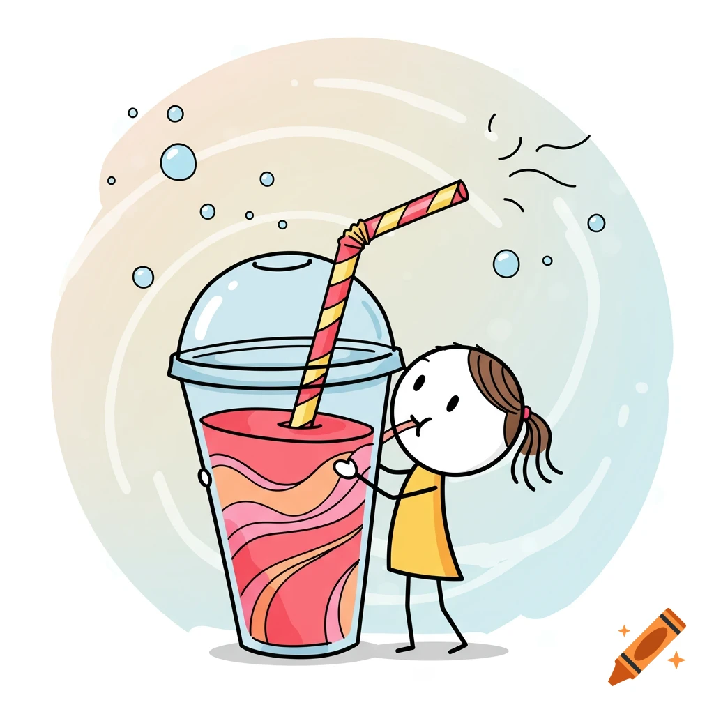 A cartoon stick figure girl drinks from a large pink and orange ...