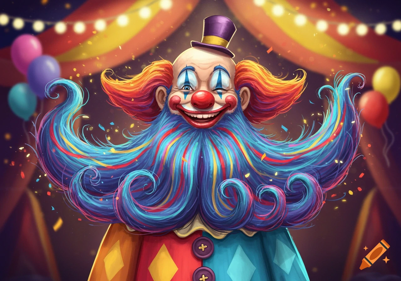 A whimsical, colorful clown with a huge rainbow curly beard, a small ...