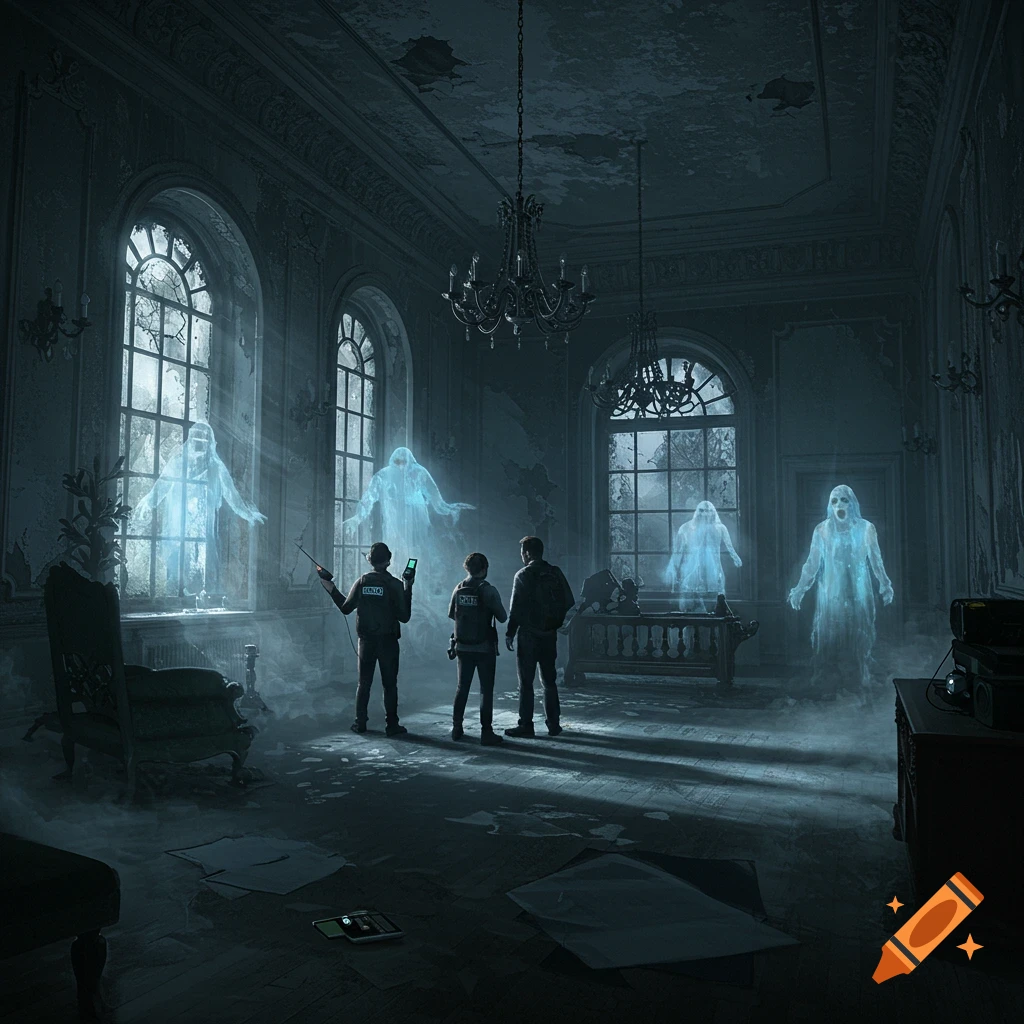 A glowing, ethereal ghost floats above a candlelit dining table laden ...