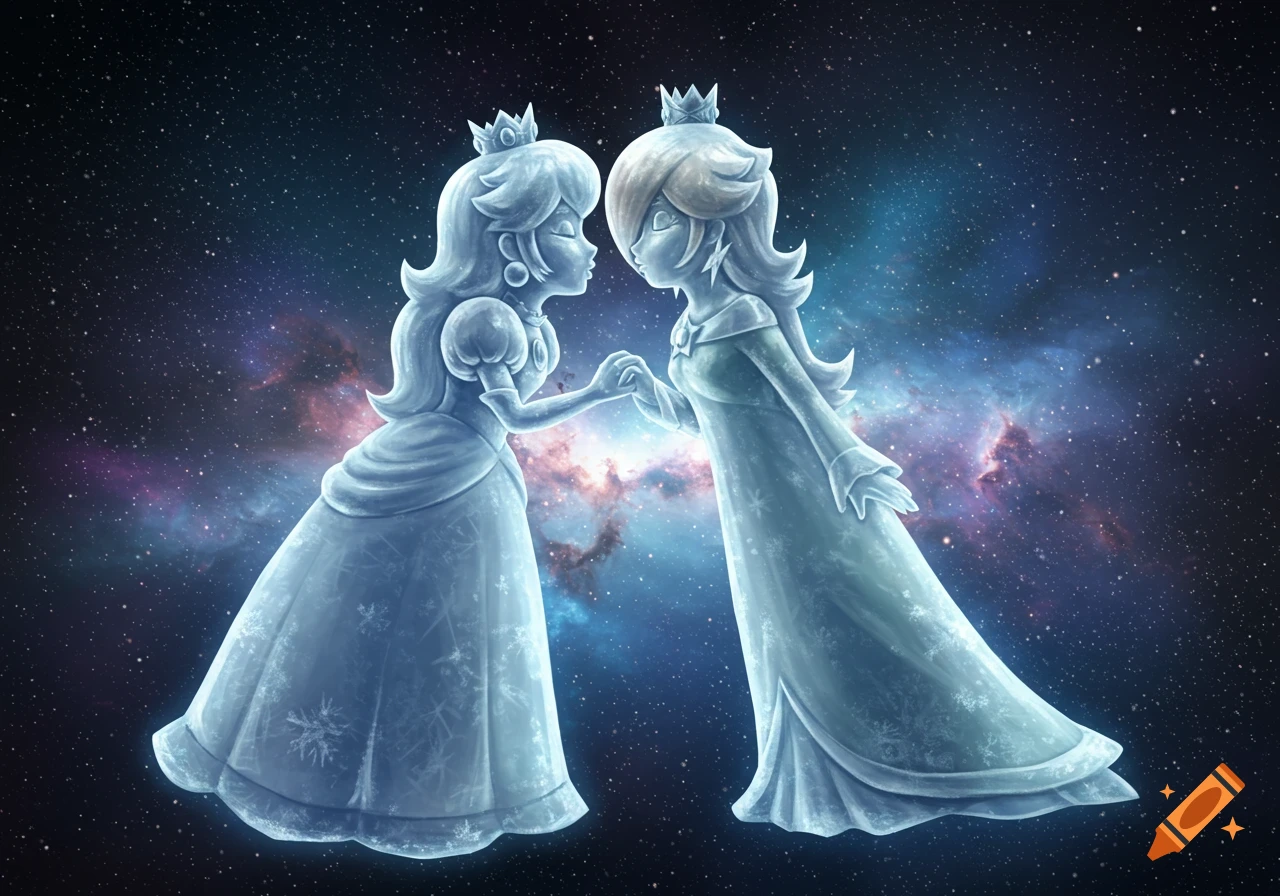 Ice statues of Princess Peach and Rosalina embracing in deep space ...