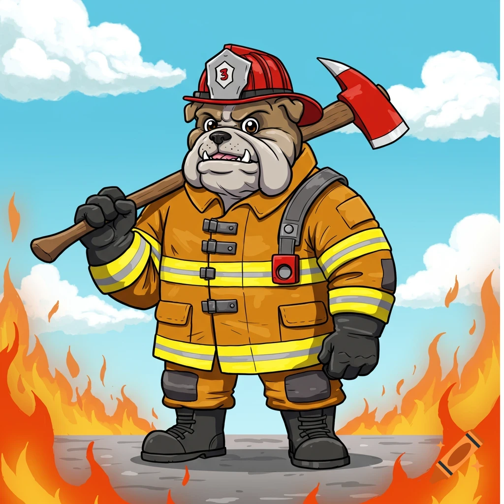 A cartoon bulldog mascot wearing a fireman's helmet with a number 3, an ...