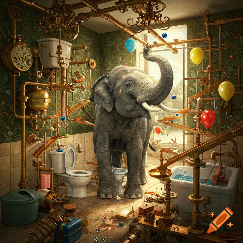 A large elephant stands in a bathroom filled with an intricate, brass ...