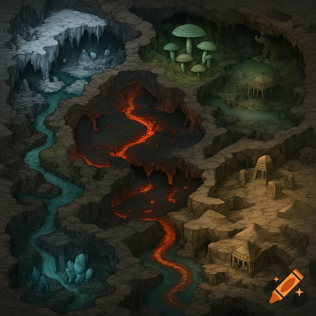 Isometric fantasy map of a mega-dungeon world featuring ice caves, lava ...