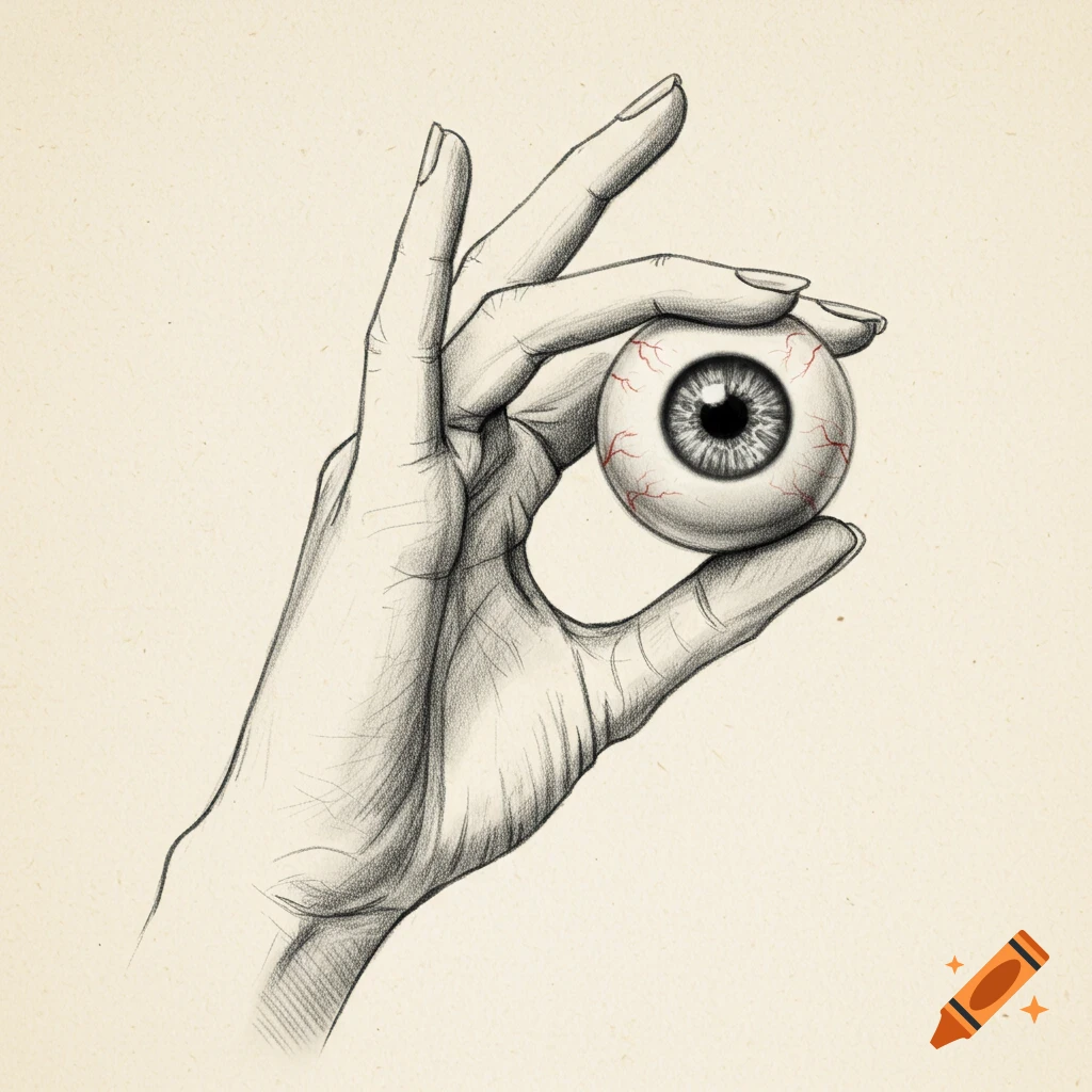 A pencil drawing of a hand with long nails holding a rope as scissors ...