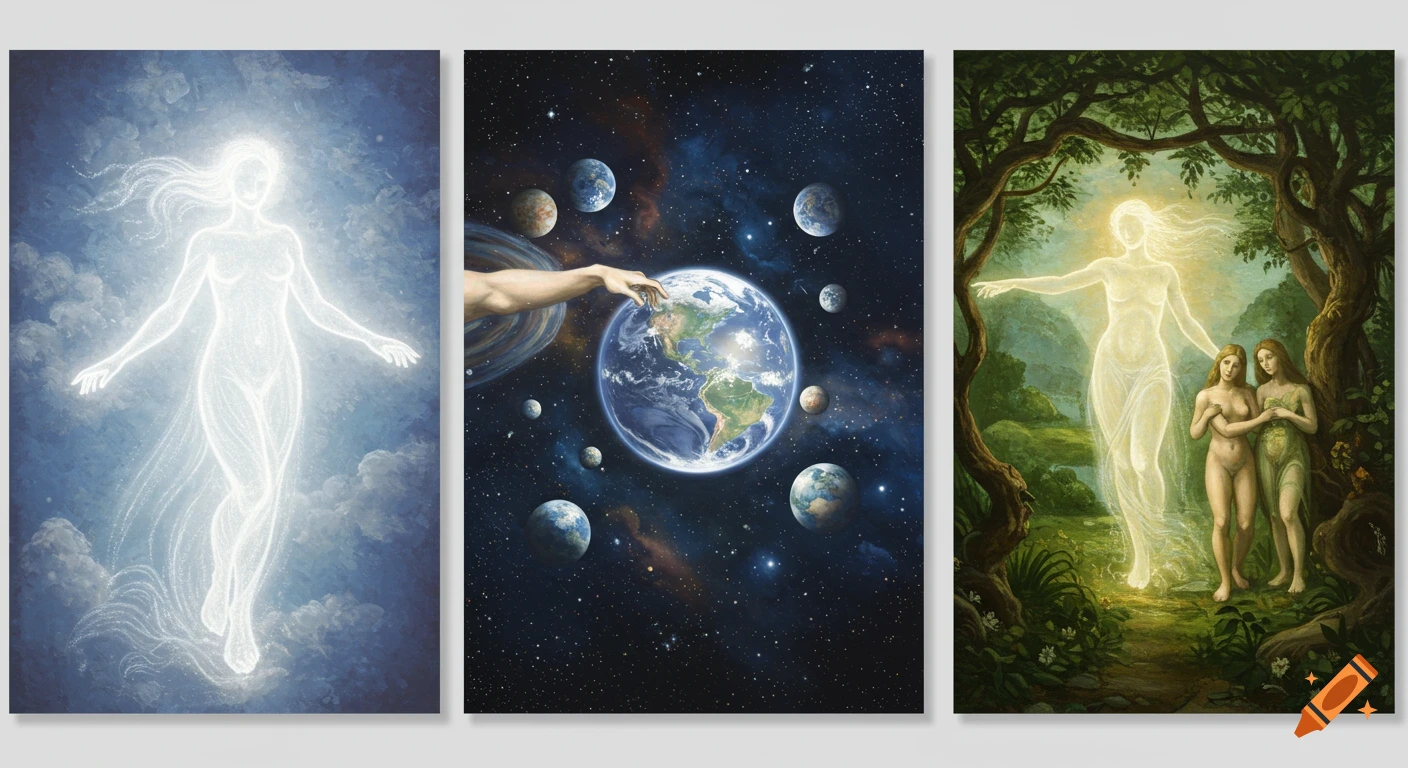 Three High Renaissance-style panels: a glowing goddess, a hand creating ...