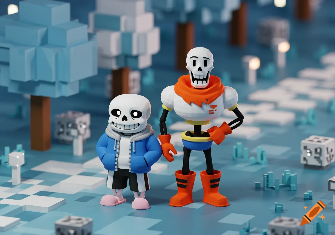 3D voxel art of Sans and Papyrus standing in a snowy, pixelated ...
