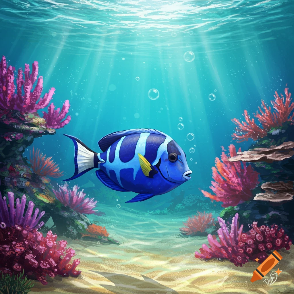 A blue fish with white spots swimming underwater among coral, depicted ...