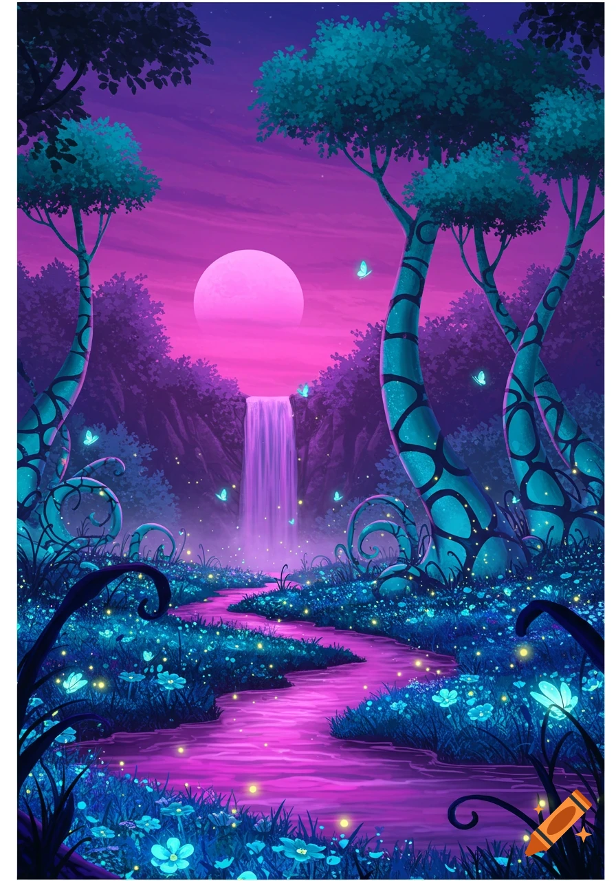 Vibrant fantasy landscape with a pink moon, purple waterfall and river ...
