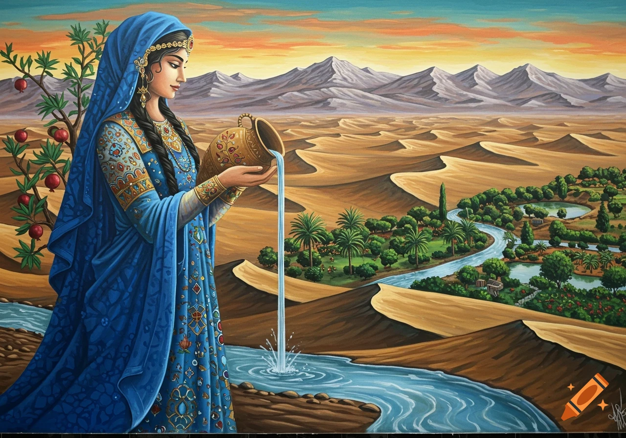 Painting of a woman in blue traditional dress pouring water from a jug ...