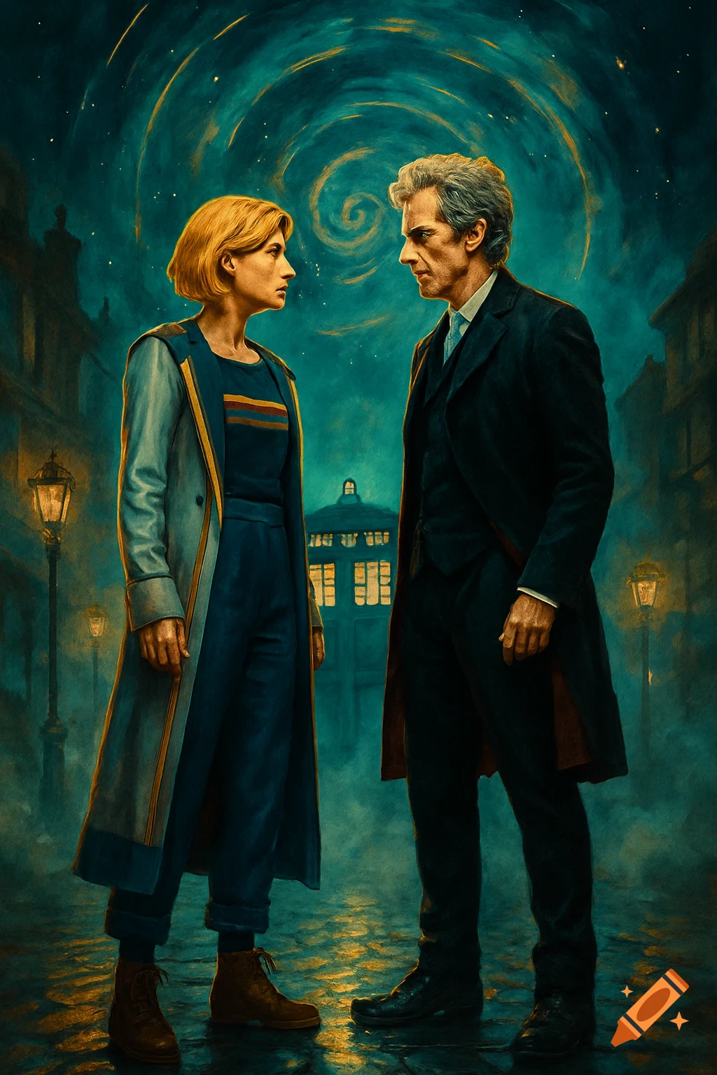 The 13th and 12th Doctors (Jodie Whittaker, Peter Capaldi) face each ...