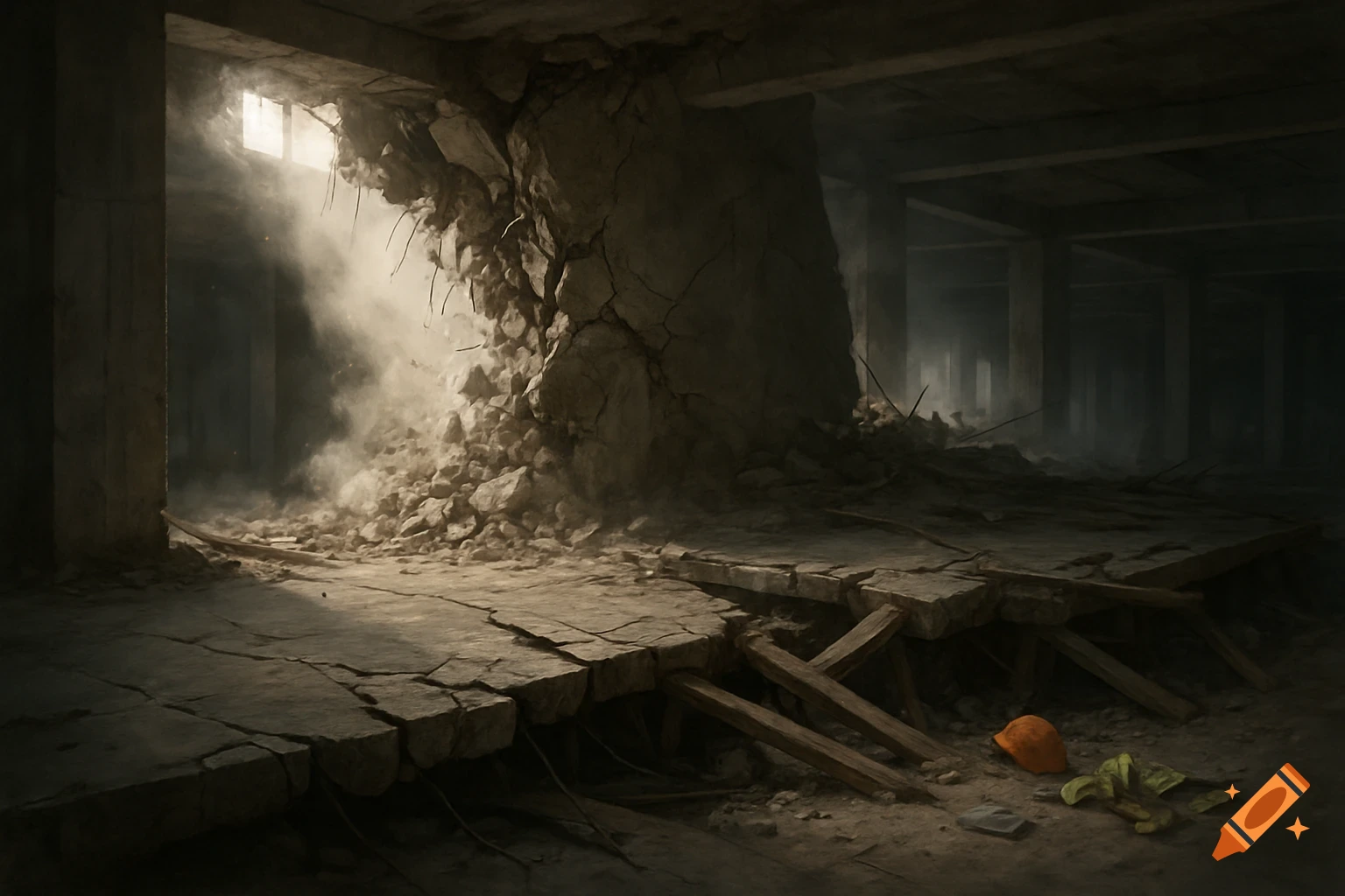 Ruined concrete building interior with a collapsed wall and floor ...