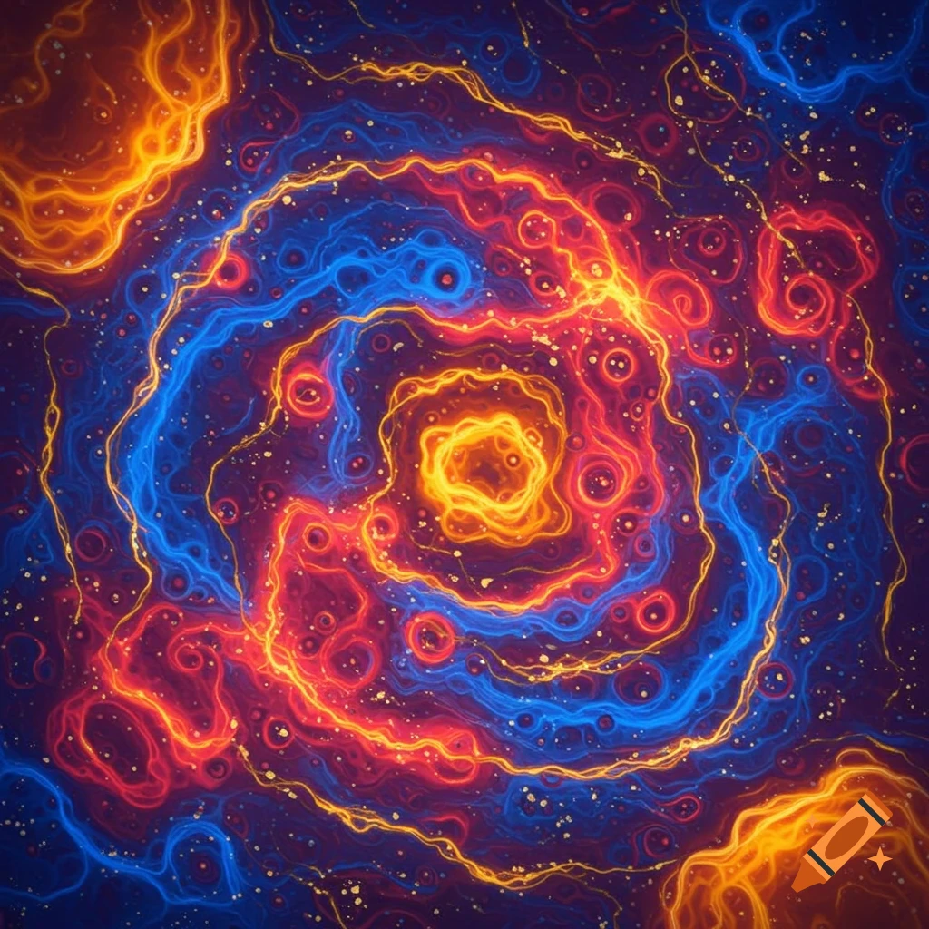 A vibrant abstract pattern of swirling blue, red, and orange glowing ...