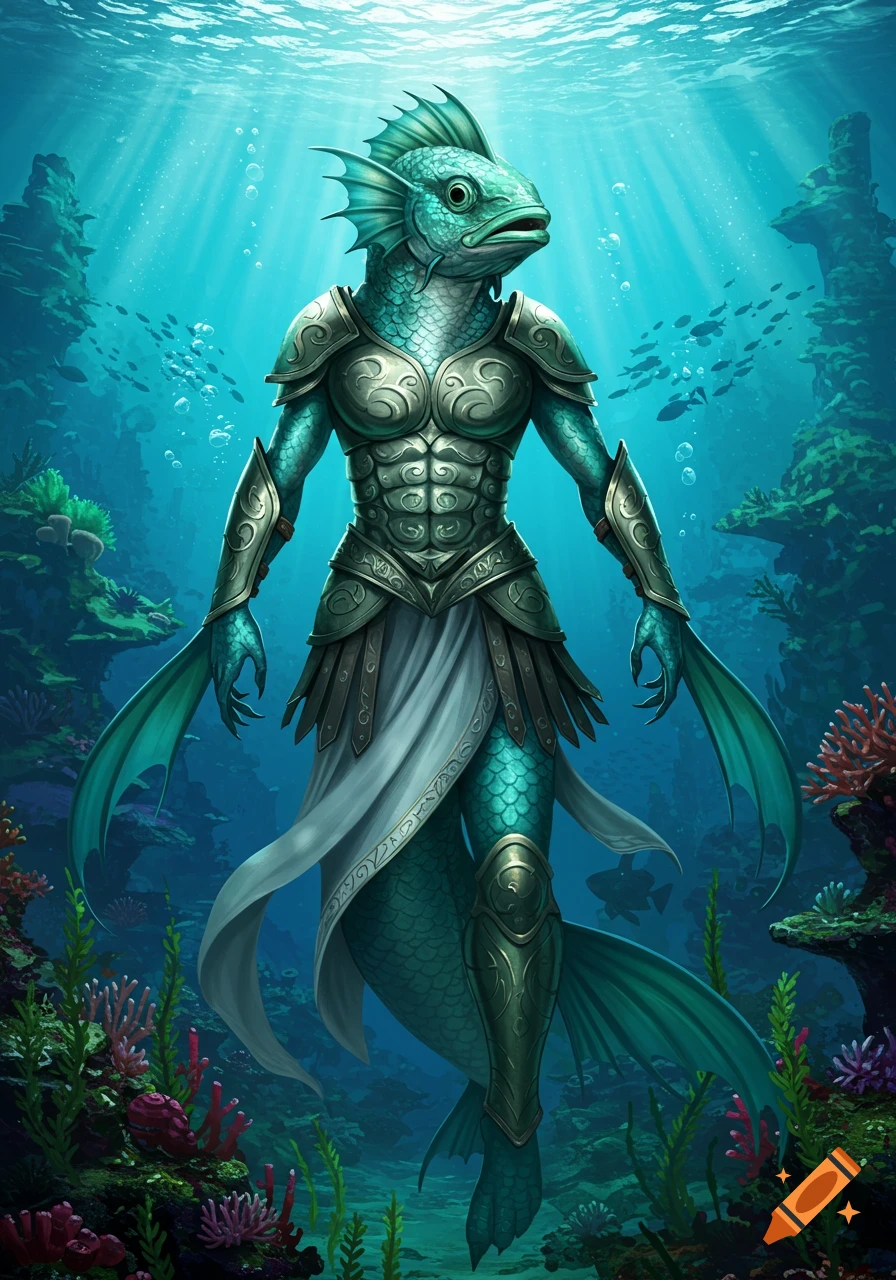 A fish-headed humanoid warrior in bronze armor stands majestically ...