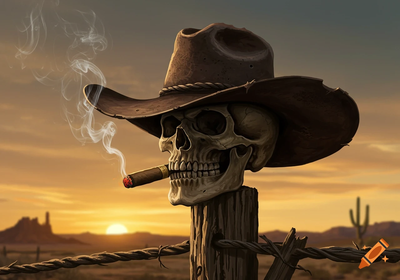 Stylized skull wearing a cowboy hat, smoking a cigar, perched on a ...