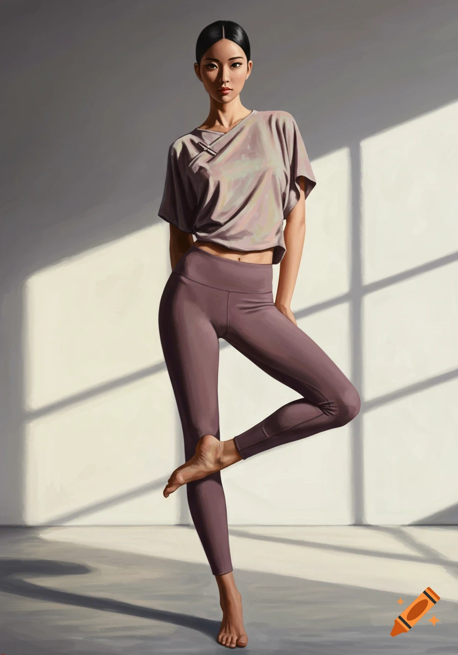 A digitally painted Asian woman in a yoga pose, wearing an asymmetrical ...