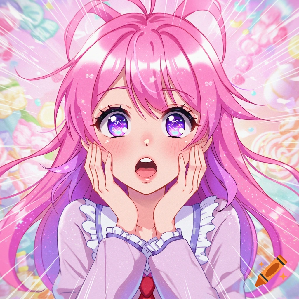 Vibrant anime illustration of a shocked pink-haired girl with sparkling ...