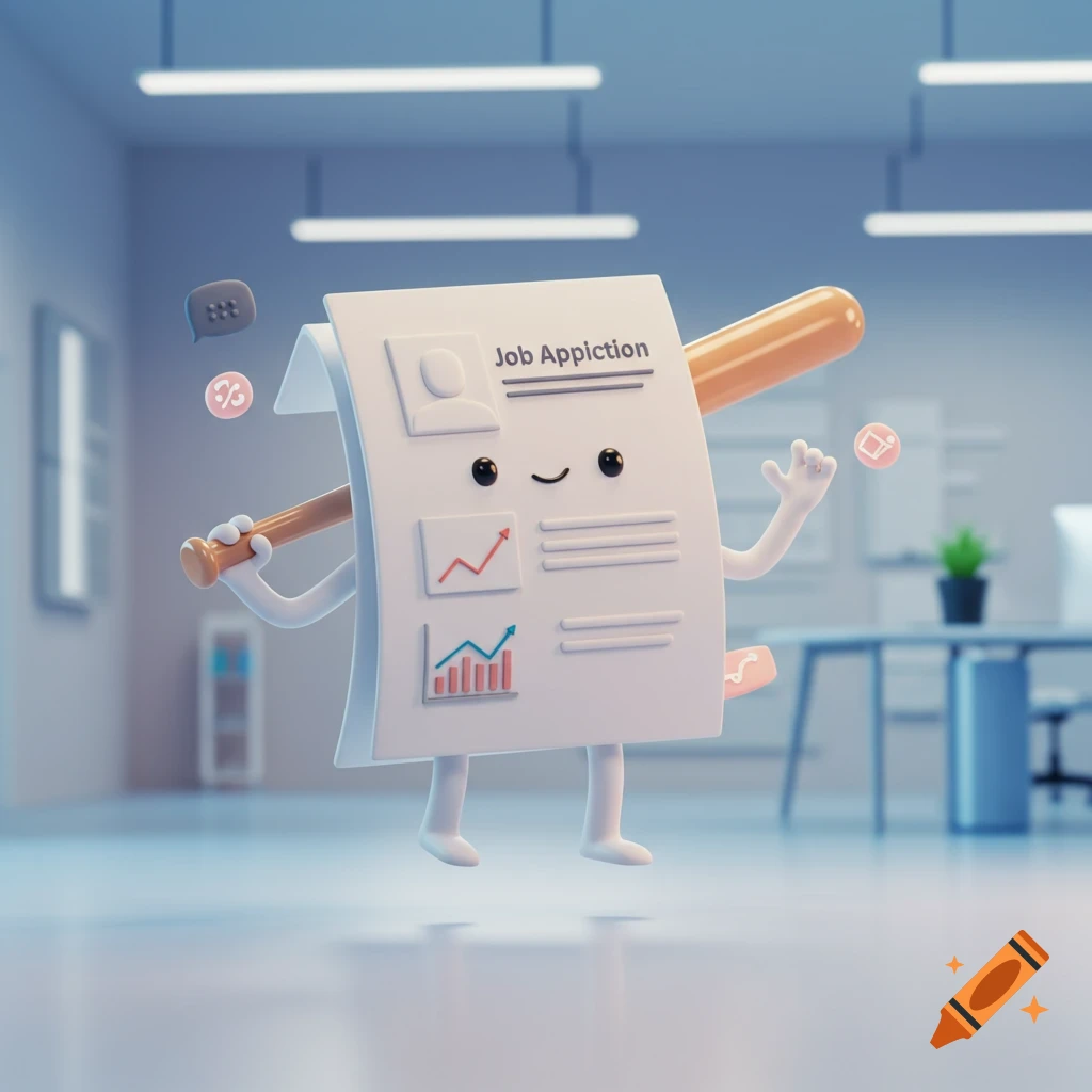 A cute 3D cartoon sentient job application character with a smiling ...