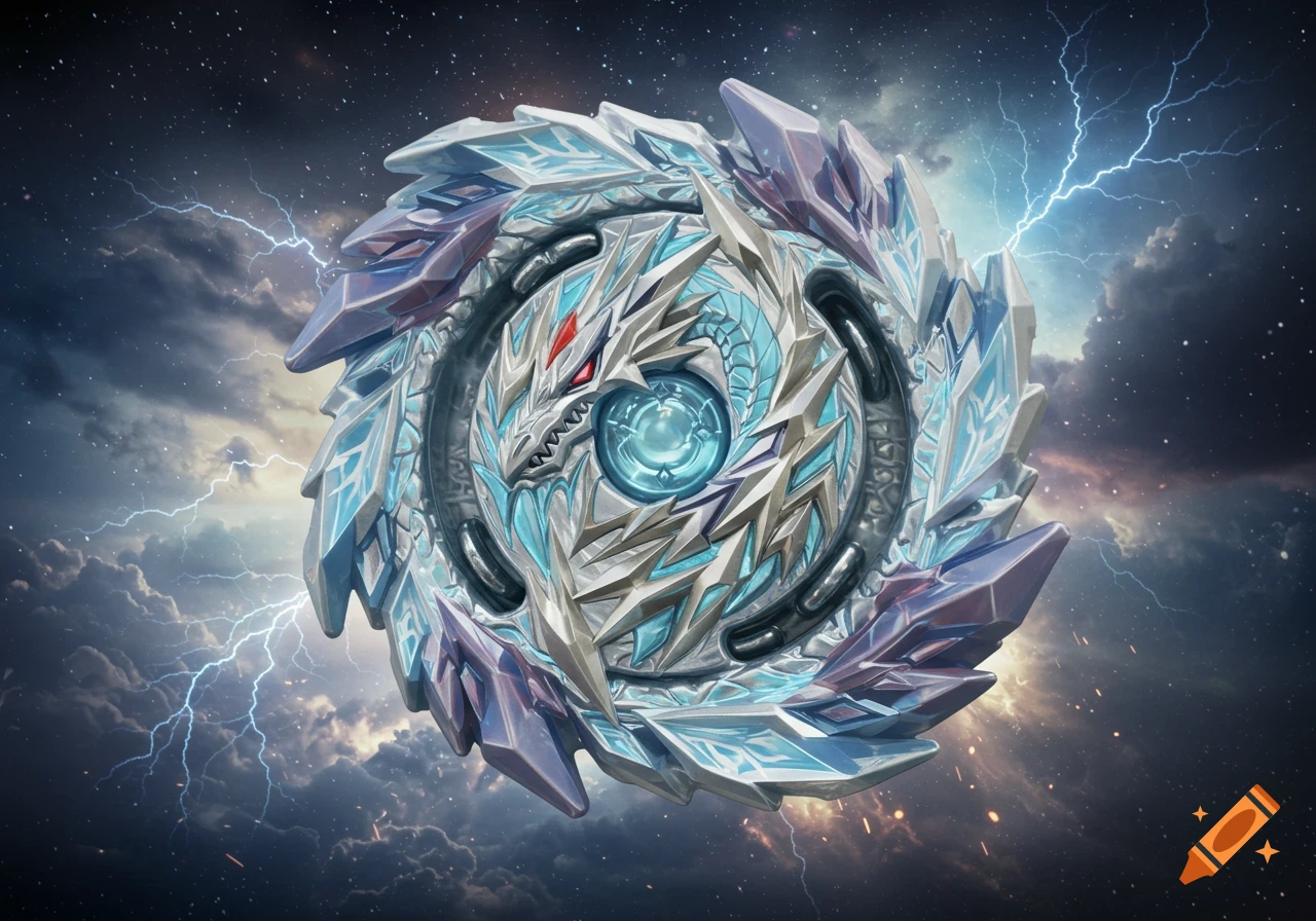 Detailed silver, blue, and purple dragon Beyblade with red eyes against ...