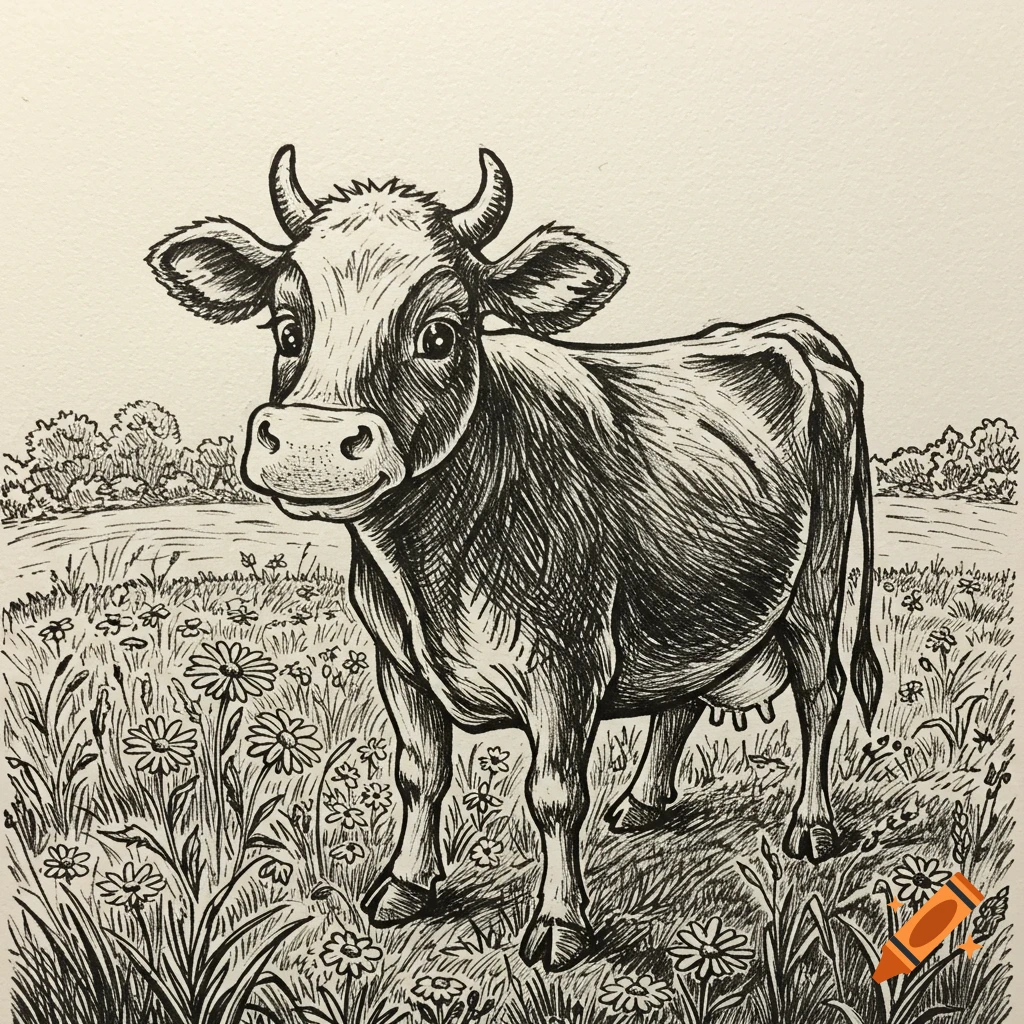 A happy cow in a field of wildflowers, drawn in a detailed ink and ...