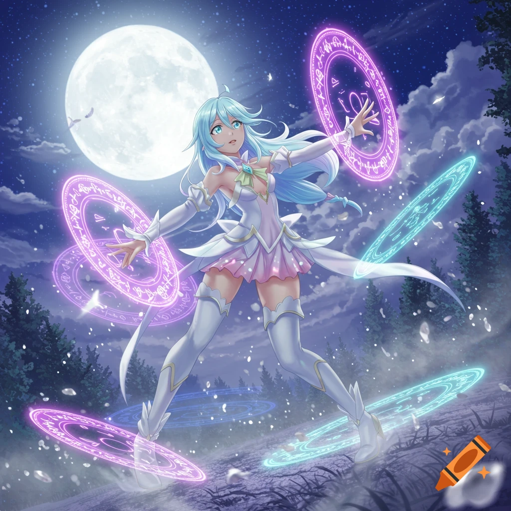 An anime magical girl with light blue hair in a white and pink outfit ...