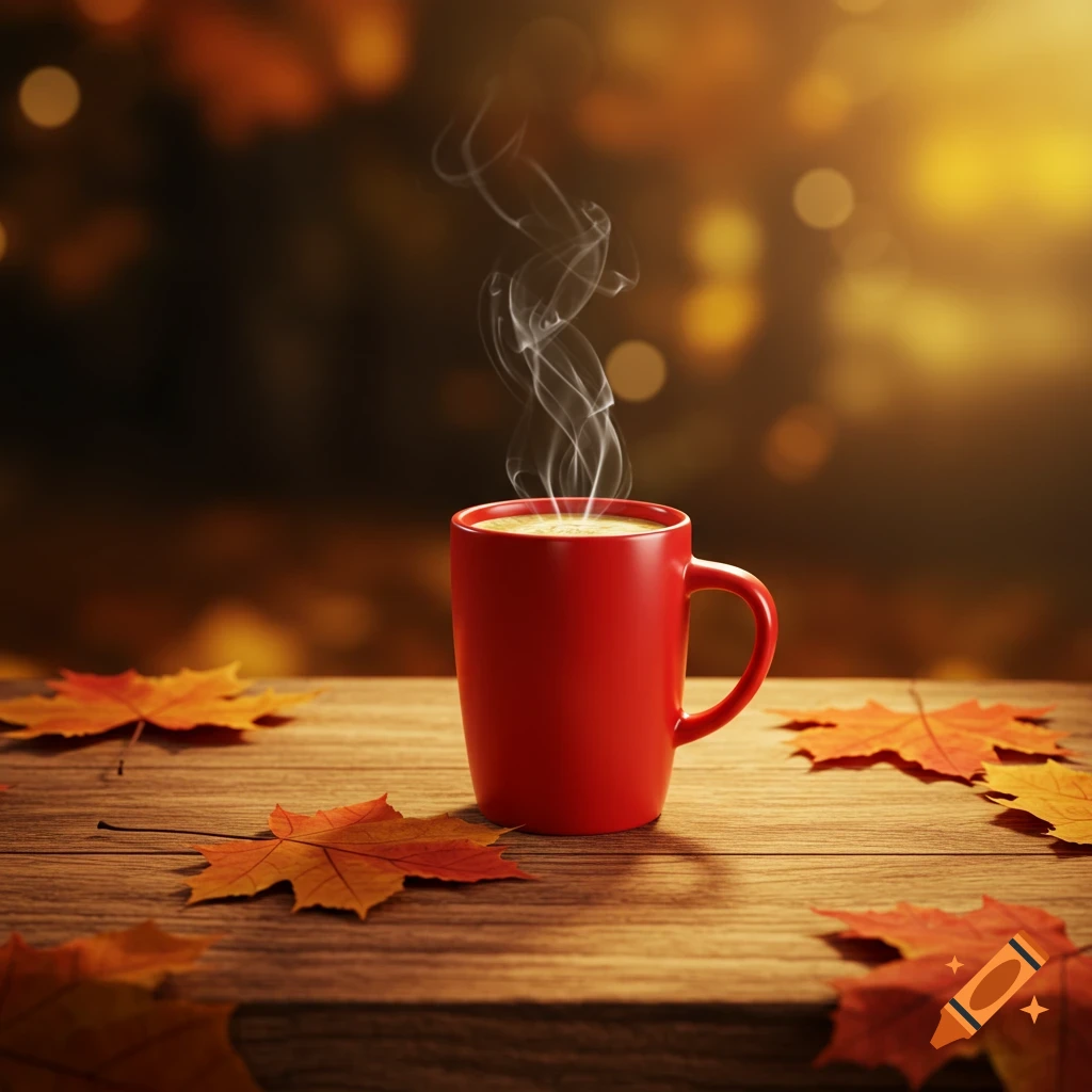 A steaming red mug sits on a rustic wooden table scattered with vibrant ...