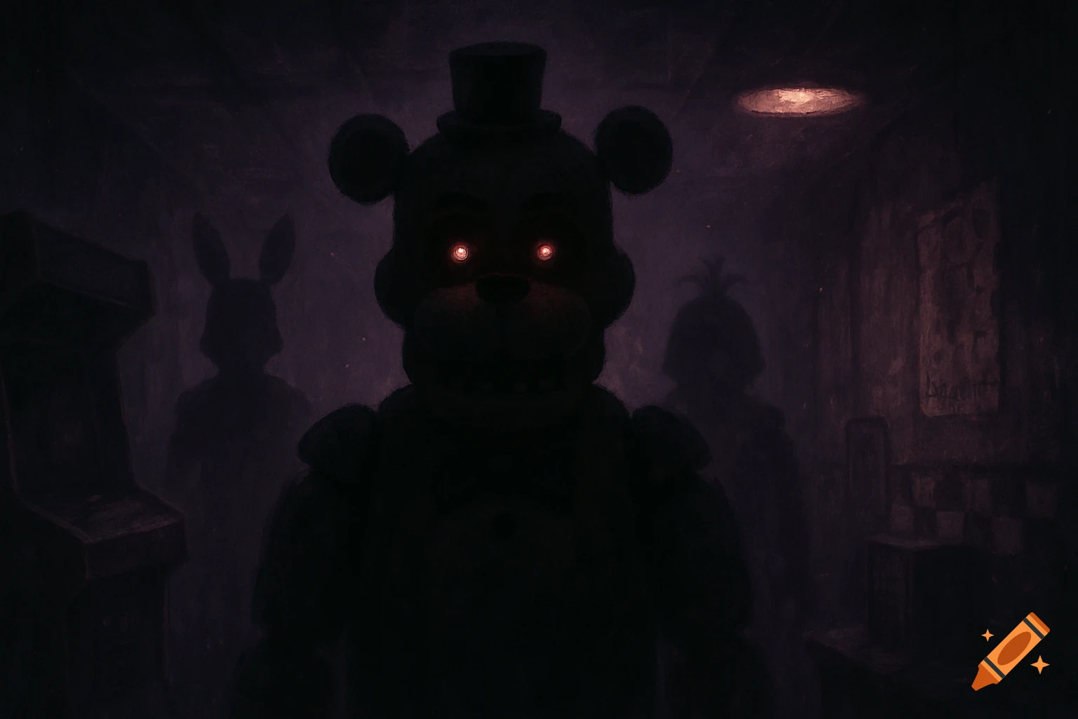 Dark, stylized horror art of Freddy Fazbear with glowing red eyes ...