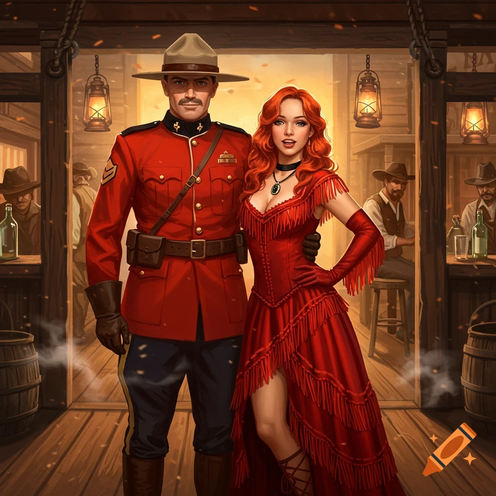 A Canadian Mountie and a woman in a red fringed saloon dress pose ...