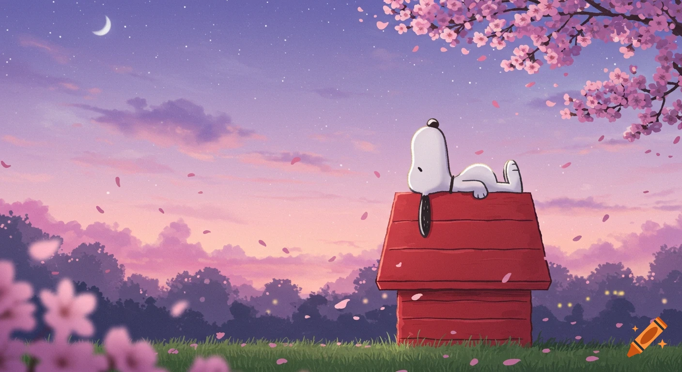 Hello Kitty in a red dress stands on a grassy hill with daisies, under ...