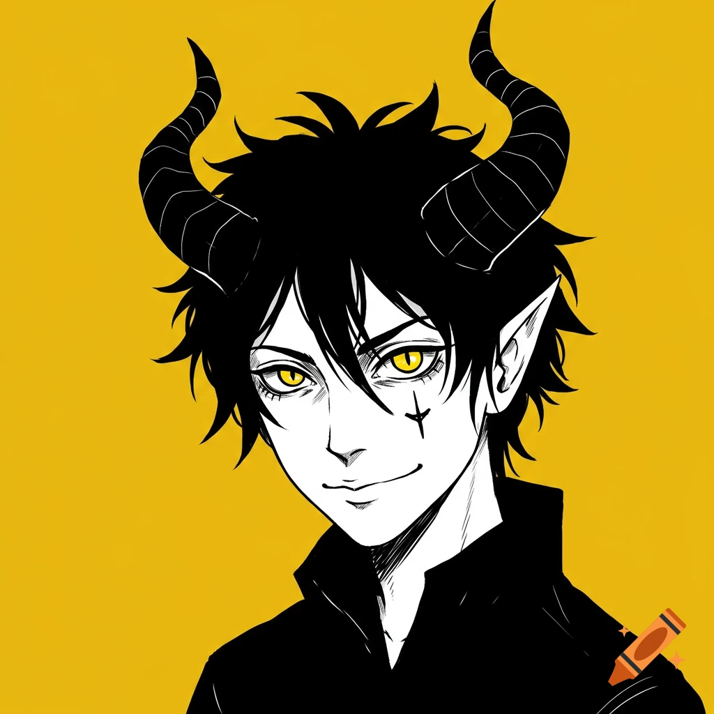 Monochromatic anime illustration of a devilish character with spiky ...