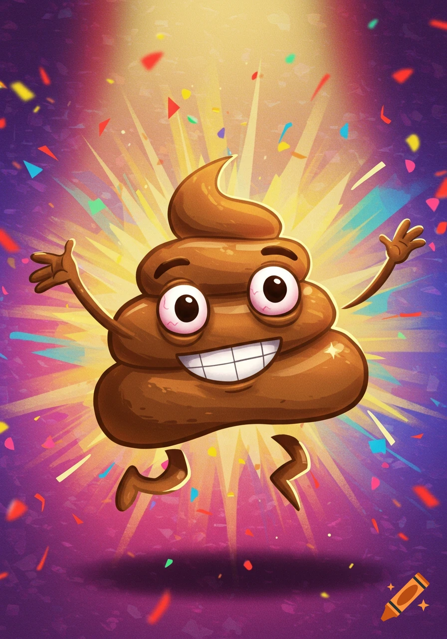 A happy, cartoony poop emoji character with big eyes and a wide smile ...