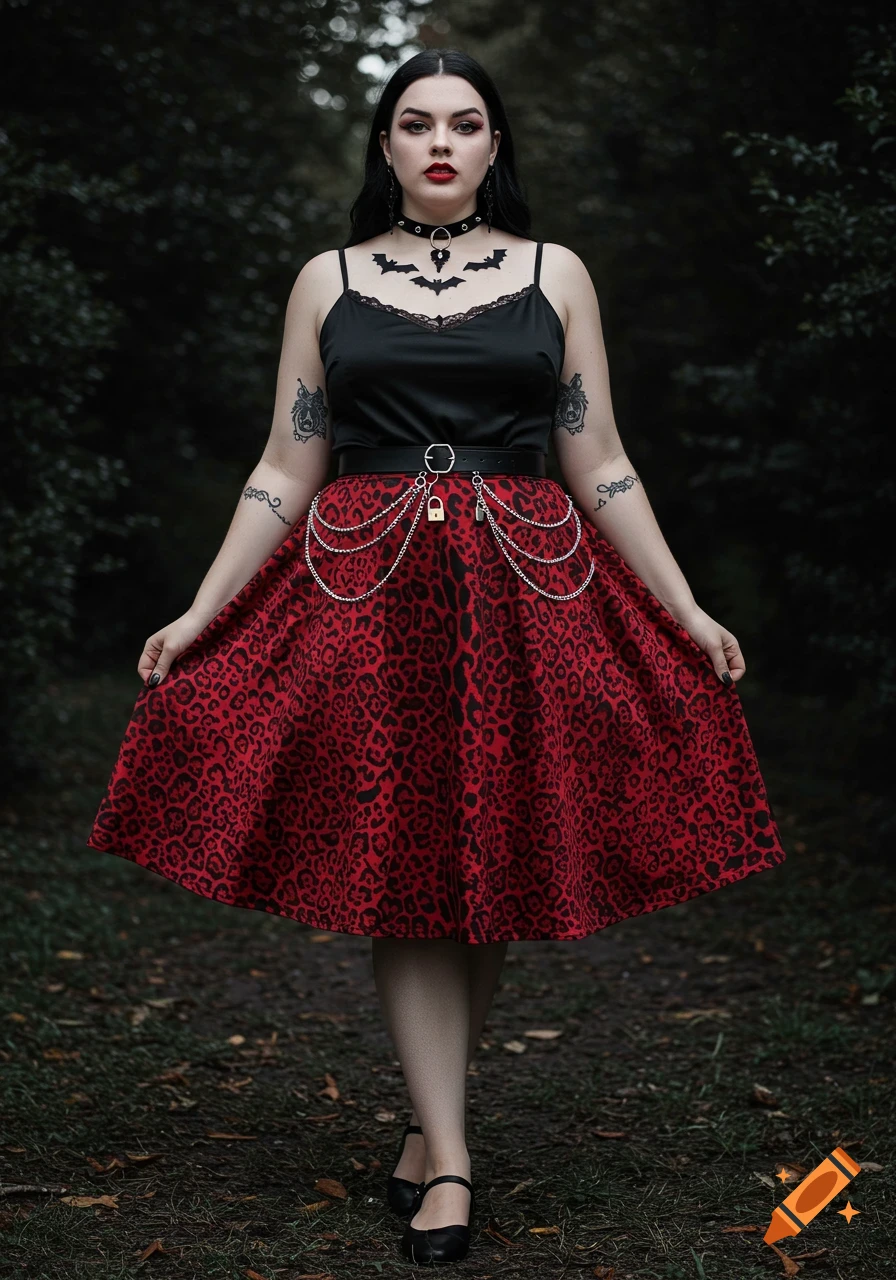 A gothic woman with dark hair wears a black camisole, red leopard print ...