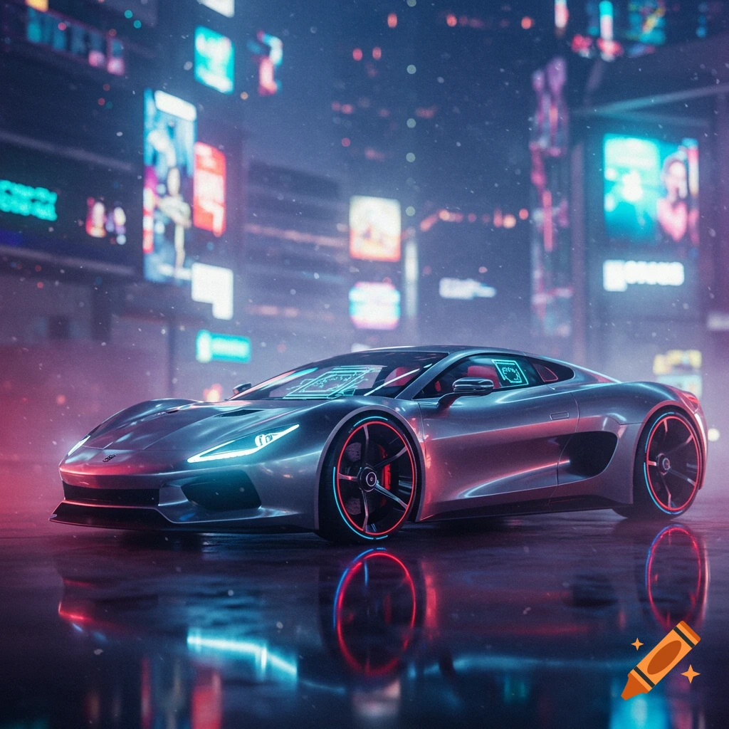 Shiny metallic number 7 reflecting a cyberpunk cityscape with blurred ...