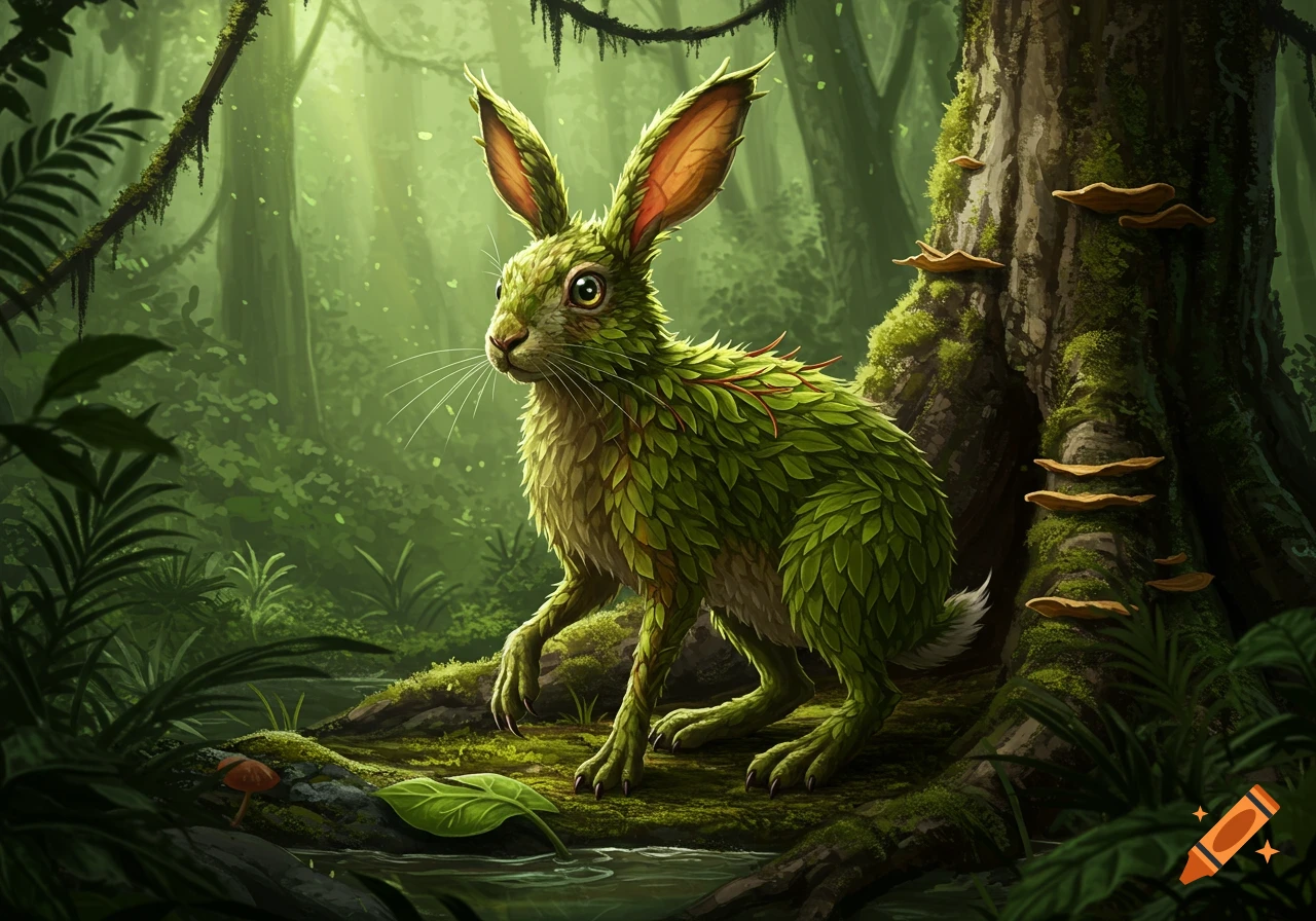 A fantasy rabbit-like creature with green leafy fur and large eyes ...