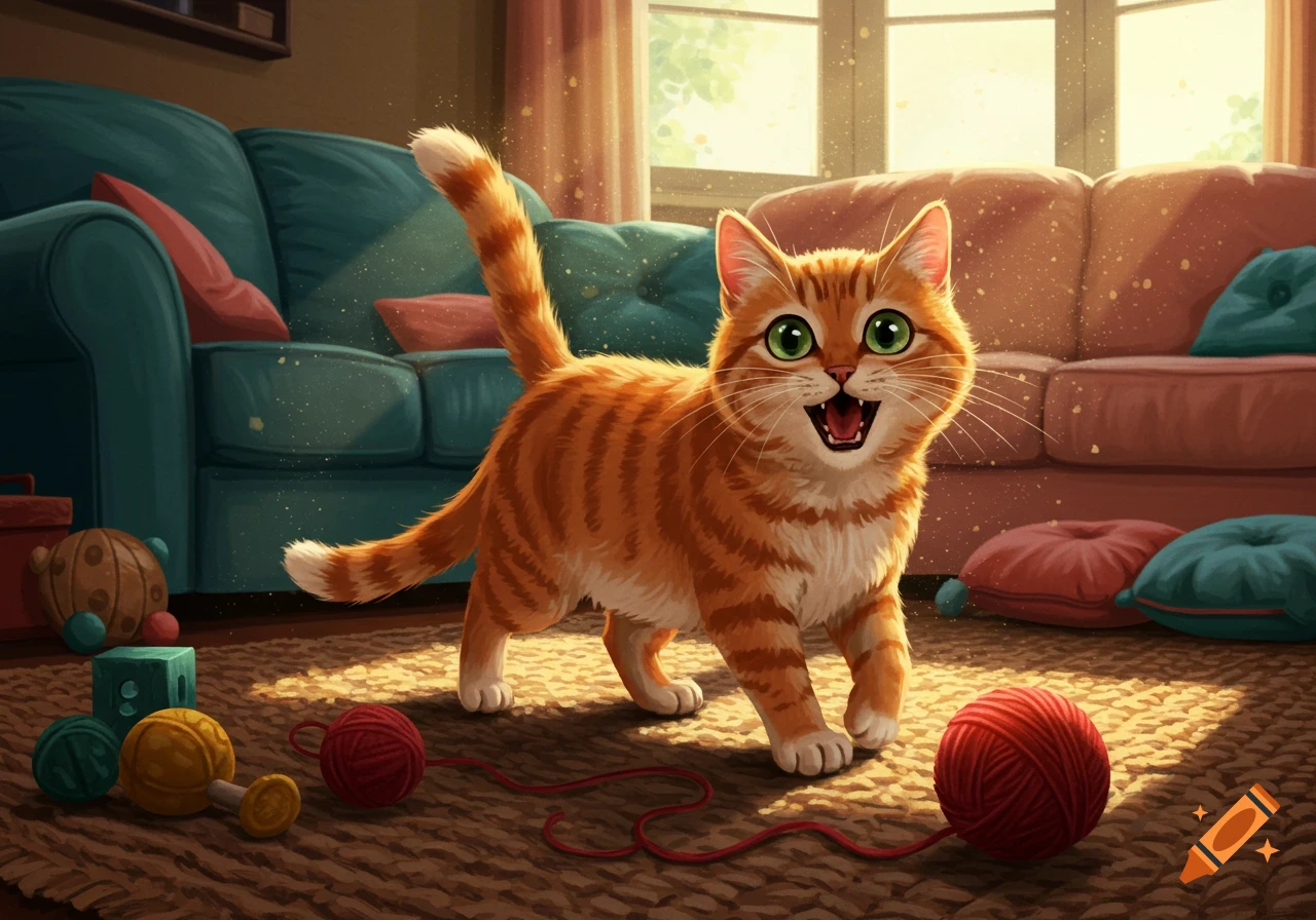 A photorealistic brown tabby cat with bright green eyes lies in a cozy, light-colored cat bed ...