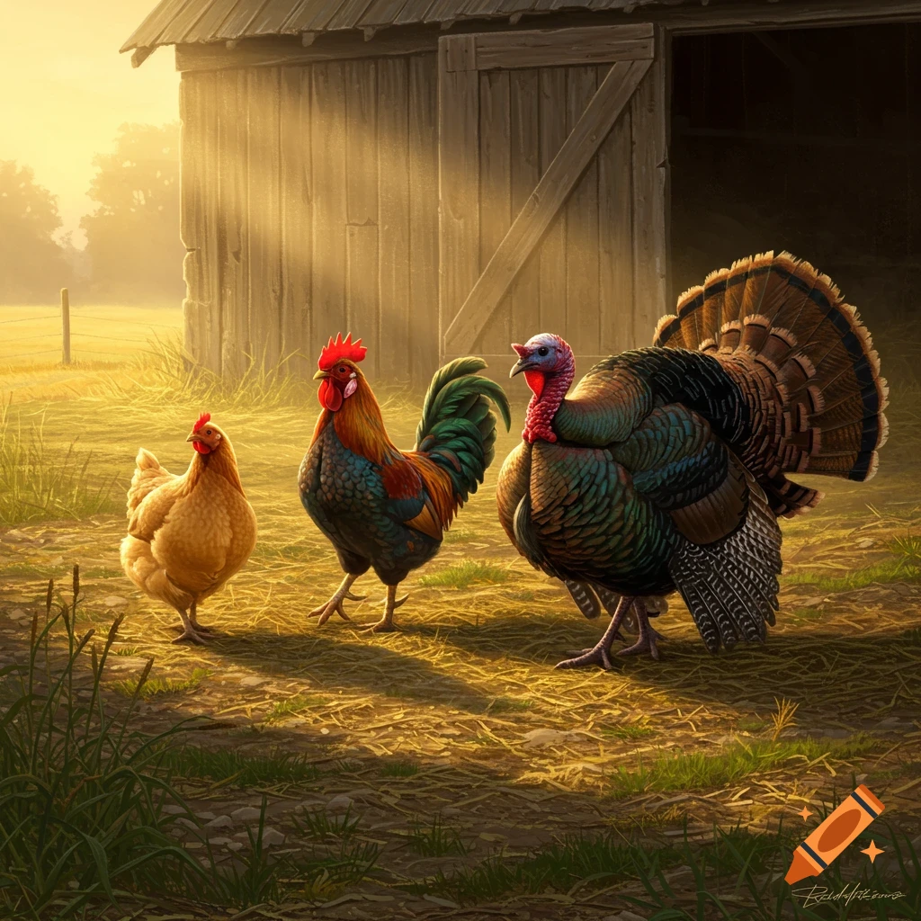 A photorealistic sad-looking chicken with ruffled feathers stands in a ...