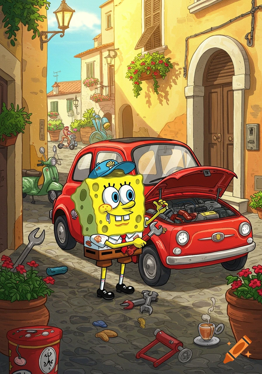 SpongeBob SquarePants as a mechanic with a wrench next to a red car ...