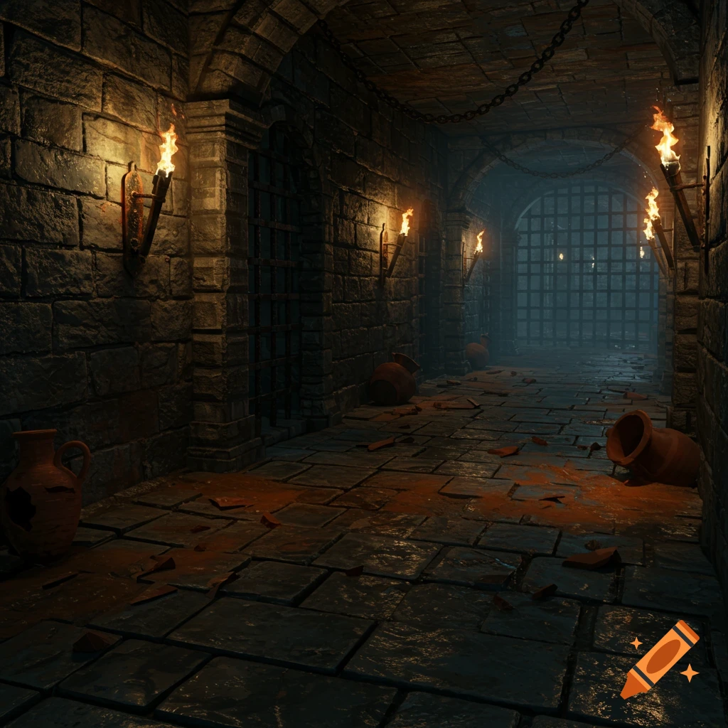 A dark, torch-lit dungeon with cracked stone walls covered in ancient ...