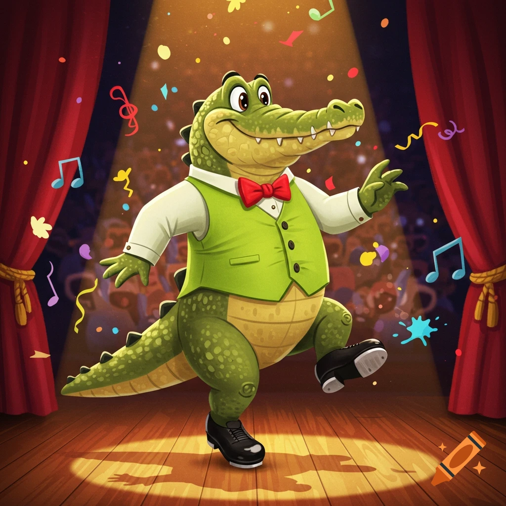 A happy cartoon alligator and koala, dressed in vests, tap dance on a ...