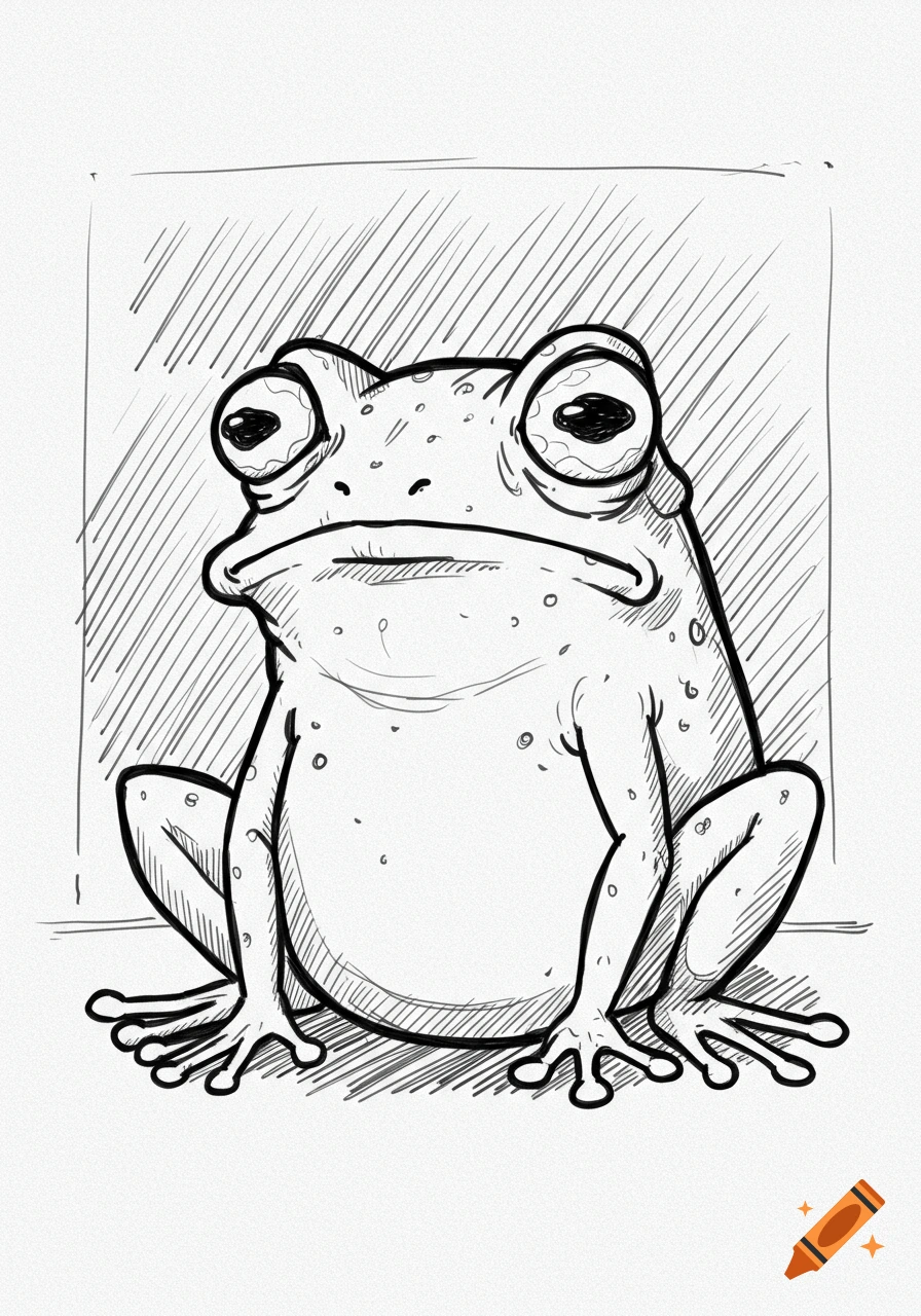 A simple, black and white vector line drawing of a frog with large eyes ...