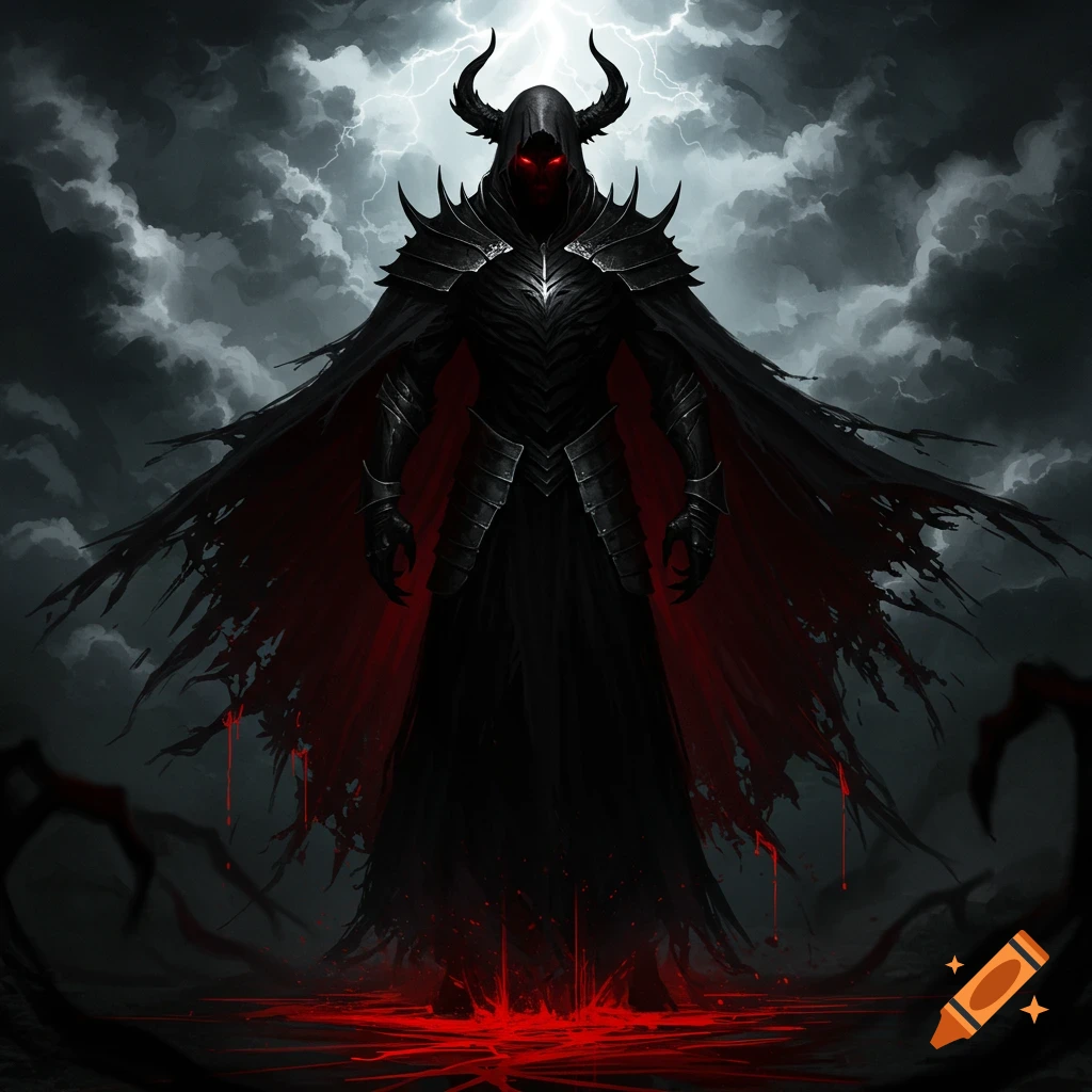 A crowned, ghoulish figure in a dark robe stands under a giant full ...