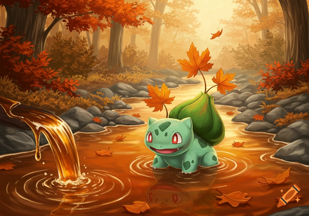 An illustration of Bulbasaur standing in a golden maple syrup river in ...