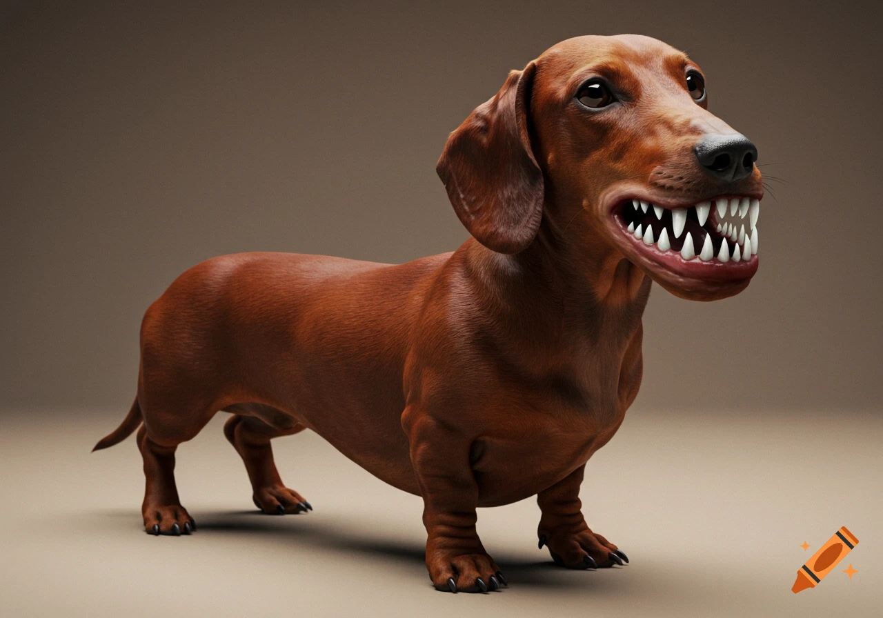 A brown dachshund dog with sharp piranha-like teeth smiles at the ...