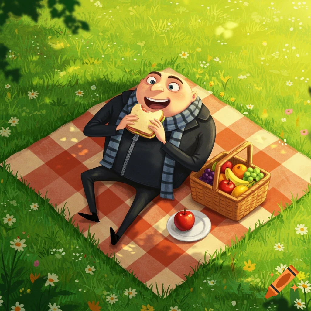Cartoon illustration of Gru from Despicable Me happily eating a ...