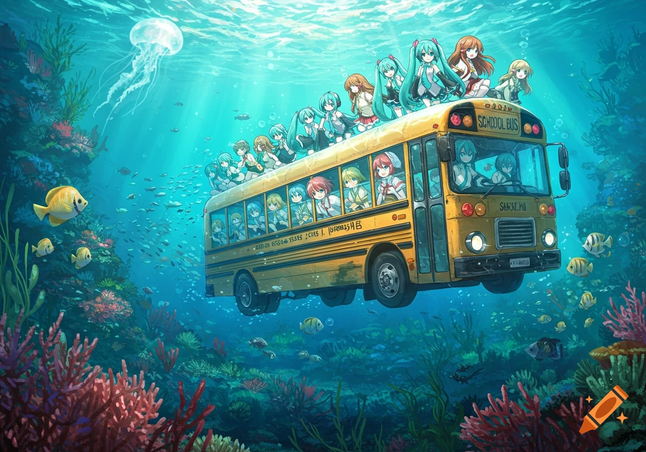 An anime-style yellow school bus, filled with and topped by many anime ...