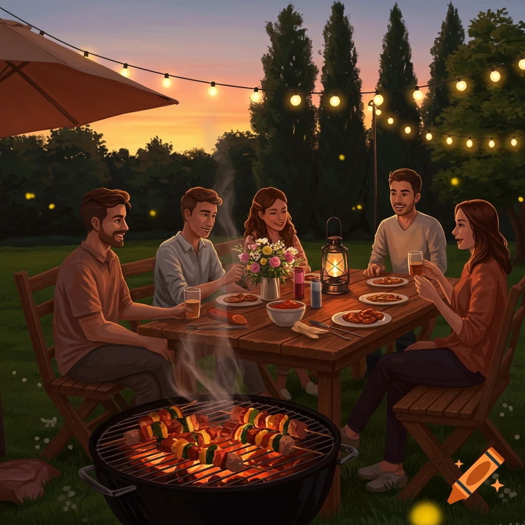 Five friends enjoying a backyard barbecue and drinks at a wooden table ...