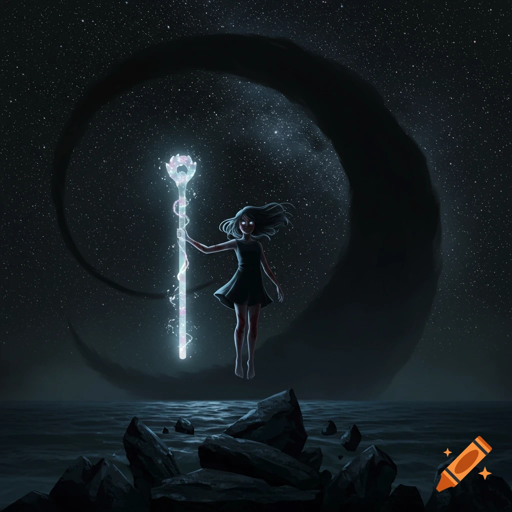 A girl floats over dark water with rocks, holding a glowing staff ...
