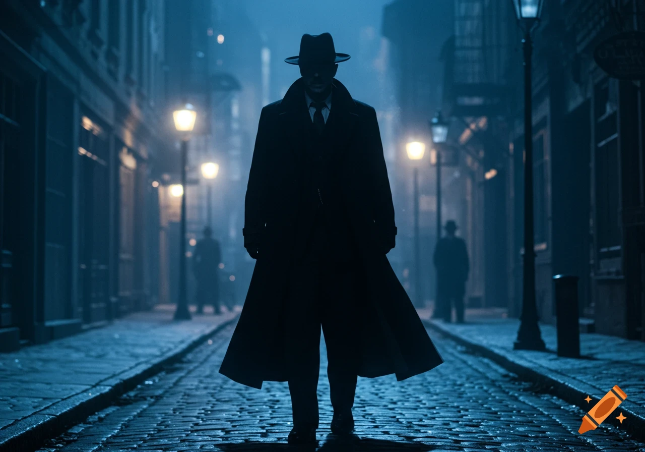 A man in a trench coat and fedora stands on a rainy cobblestone street ...